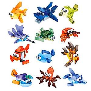 Party Favors for Kids Goodie Bags ,12PCS Mini Building Blocks Ocean Animal, Sea Creatures Building Blocks Set，Building Sets Stem Toys for Birthday Party Gift,Goodie Bags, Prize,Cake Topper