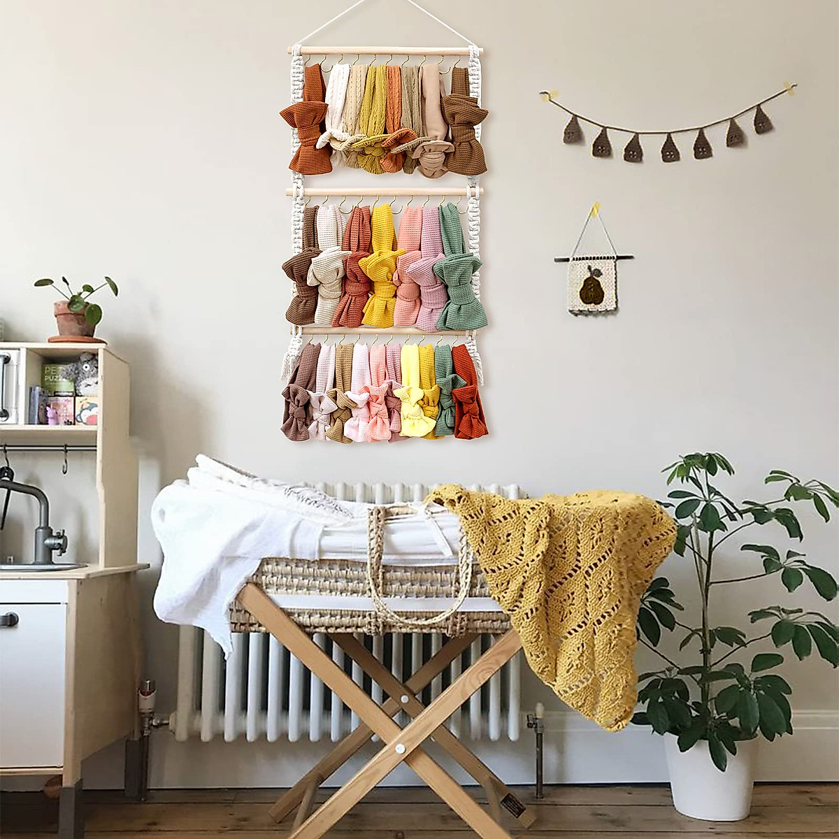 POVETIRE Baby Headband Holder, Hair Bows and Accessories Storage Organizer, Wall Hanging Decor for Nursery Toddler Girls Room (Beige-2)