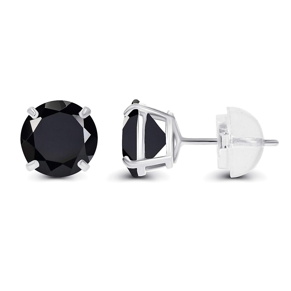 14K Solid White Gold 6mm Round Natural Black Onyx Birthstone Prong Set Stud Earrings For Women