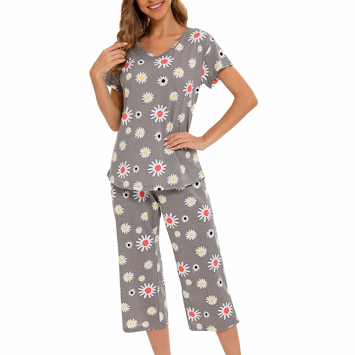 ENJOYNIGHT Women's Pajama Short Sleeve Sets Top with Capri Pants Sleepwear Sets Loungewear