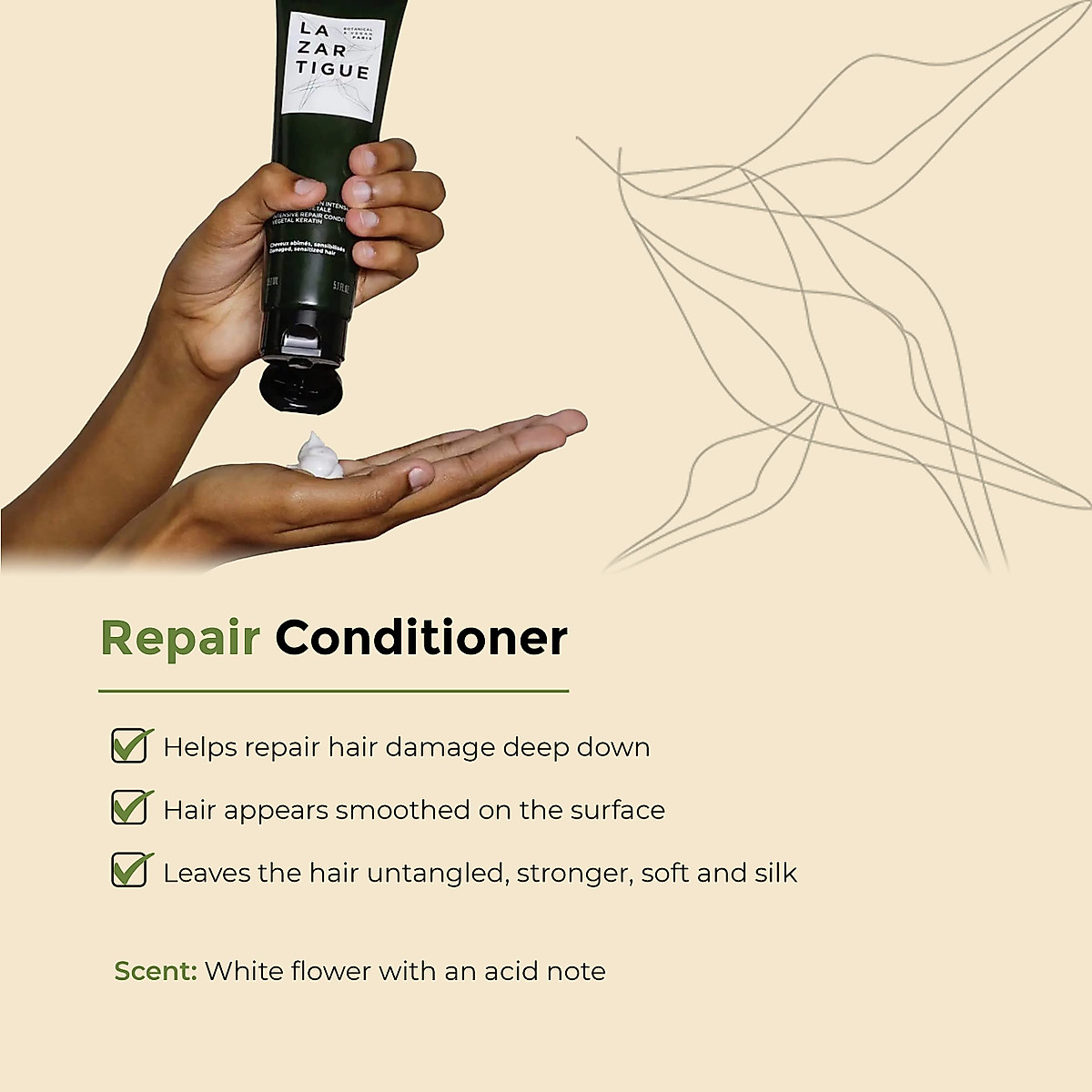 Lazartigue Repair Conditioner, Enriched with Vegetal Keratin, Helps Repair Damage Deep Down Right to Ends, Smoothes the Surface of Hair Leaves it Untangled, Stronger, Soft and Silky 5.1 Fl Oz