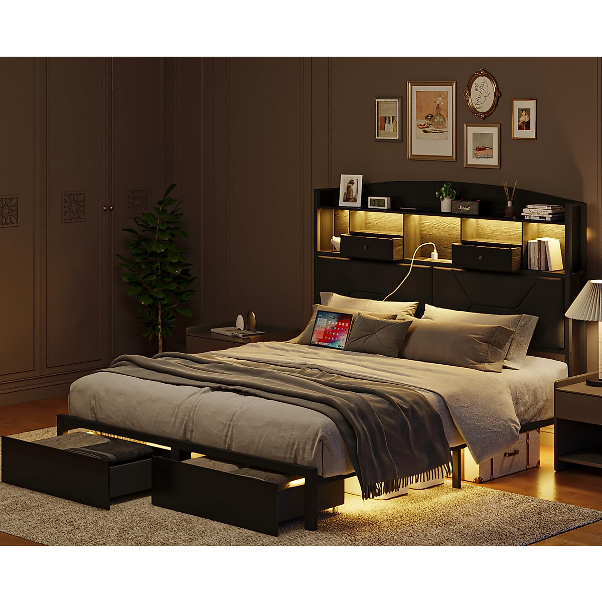 DOGIBIXO Queen Size Black Bed Frame with 4 Storage, Upholstered Velvet Platform Bed Frames with Button Tufted Headboard Led Lights, Wooden Slats Support, No Box Spring Needed, Black