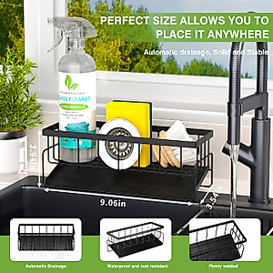 VANZBON Sink Caddy Sponge Holder for Kitchen Sink with Stainless Steel Self Drain Tray,Rustproof Kitchen Sink Organizer for Sponge,Soap Dispenser Storage Kitchen Accessories,Black