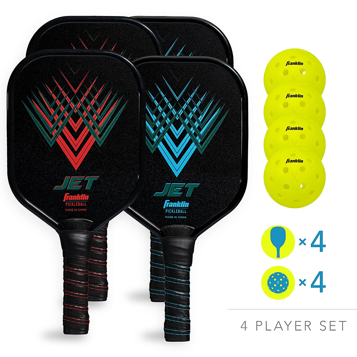 Franklin Sports - Aluminum Pickleball Paddle 4 Player Paddle and Ball Set- USA Pickleball (USAPA) Approved,Red/Blue