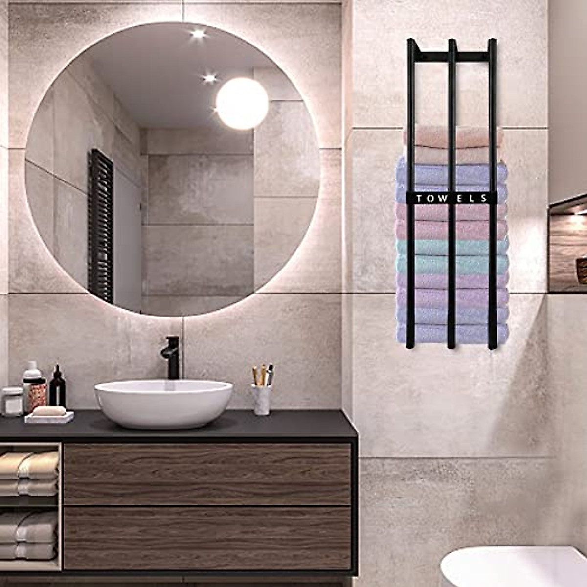 LVOERTUIG Wall Towel Rack for Rolled Towels with 4 Hooks, Towel Holder Towel Racks for Bathroom Wall Mounted, Bathroom Towel Storage, Metal Bath Towel Holder for Washcloths (Black)