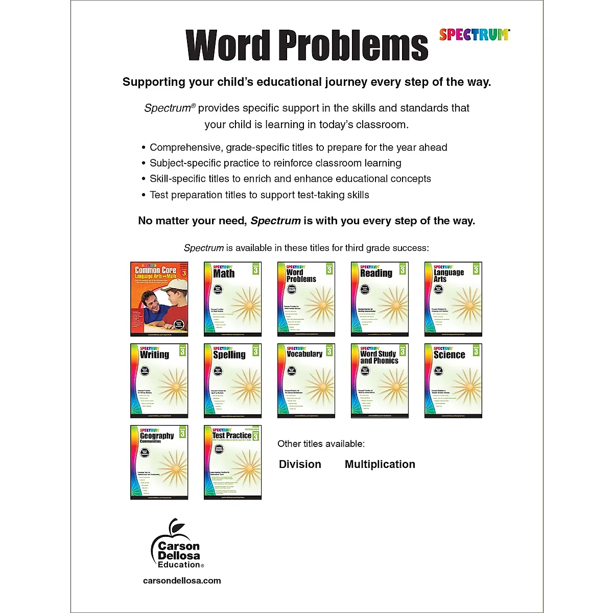 Spectrum Math Word Problems Grade 3 Workbook, Ages 8 to 9, 3rd Grade Math Word Problems, Fractions, Algebra Prep, Geometry, Multi-Step Word Problems, Money, and Time - 128 Pages