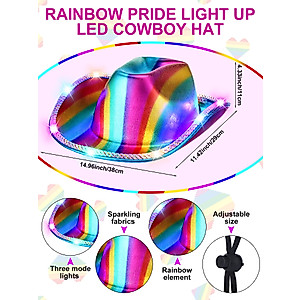Halfchet 3 Pcs Rainbow Pride Light up LED Cowboy Hat LGBTQ Cowboy Cowgirl Hat for Gay Pride Events Pride Party Supplies