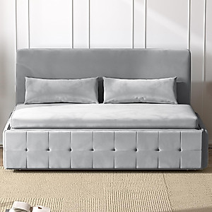 CECER Queen Size Pull Out Sofa Bed, Guest Couch Bed with 2 Pillows, Velvet Convertible Sleeper Sofa with Foldable Mattress, 3 in 1 Armless Loveseat Bed for Living Room，Small Space(Light Grey)
