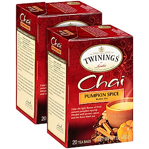 Twinings Pumpkin Spice Chai Tea, Caffeinated Black Tea Naturally Flavored with Aromatic Spices and Ginger, Tea Bags Individually Wrapped, 20 Count Ea (Pack of 2)