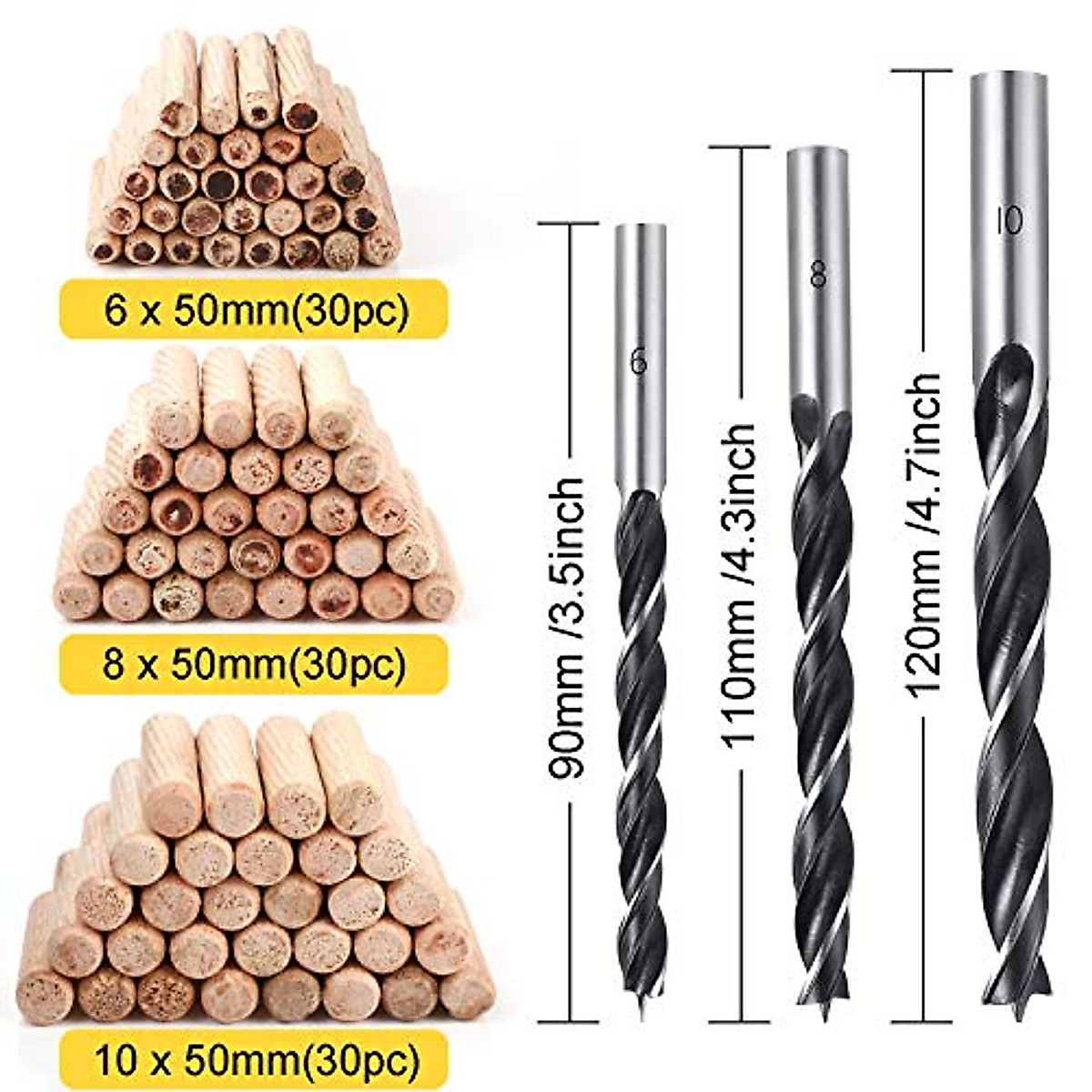 101 Pcs Handheld Woodworking Dowel Jig Kit Wood Dowel Drilling Guide Set for 1/4, 5/16, 3/8 Inch Drill Guide Metal Sleeve with Wood Dowel Pins Drill Bit Dowel Joints Drilling Guide Tools(Yellow)