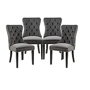 BEEY Velvet Upholstered Dining Chair Set of 4 Dark Grey Modern Tufted Accent Chairs with Nailhead Trim and Back Ring Pull,High Chair with Solid Wood Legs for Living Room Baronet Restaurant