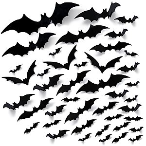 EkkoVla Bats Wall Decor, 100Pcs 3D Bat Halloween Decorations, 6 Different Sizes PVC Black Bat Sticker for DIY Home Decor, Indoor Hallowmas Party Supplies