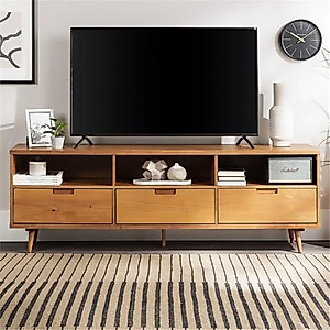 Walker Edison Millie Mid Century Modern 3 Drawer Solid Wood Low Stand for TVs up to 80 Inches, 70 Inch, Caramel