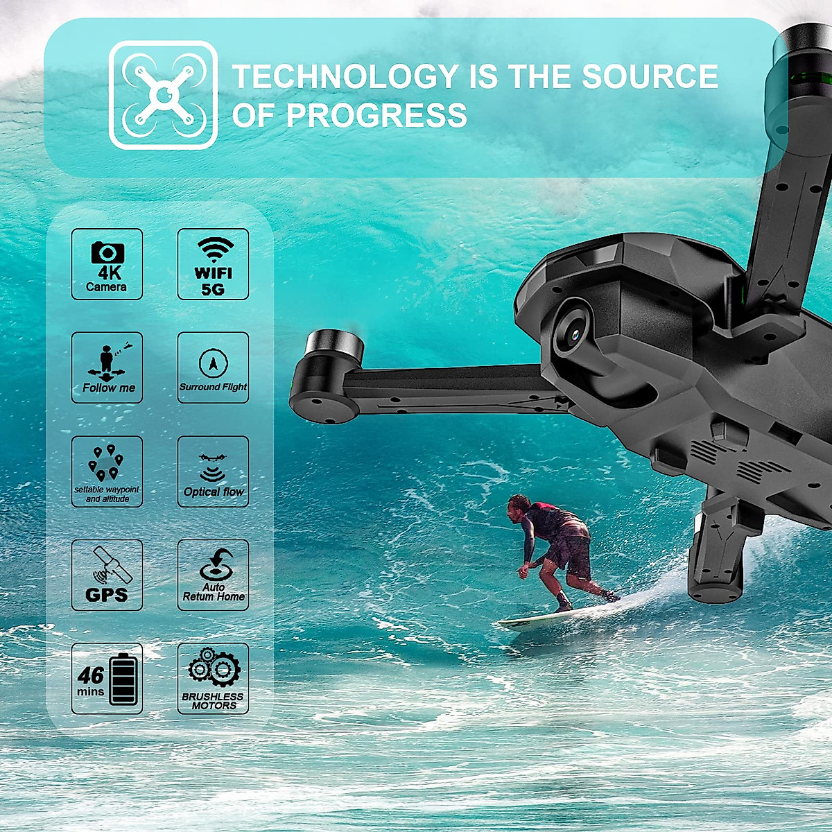 UNTEI Drones with Camera for Adults 4K, GPS Auto Return Home, Optical Flow Positioning, Brushless Motor, Headless Mode, 46Mins Flight Time