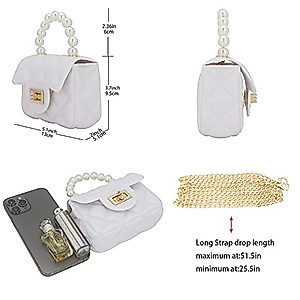Mini Jelly Purse Flap Handbag with Pearls Top Handle Faux Quilted Crossbody Bag White