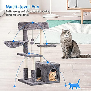 Jieshun Cat Tree for Indoor Cats - Cat Tower with Sisal Cat Scratch Post, Hammock, 2-Door Cave - Multi-Level Cat Condo with Perches & Pompom Toys - Cat Furniture for Kittens & Adult Felines - 33.5”
