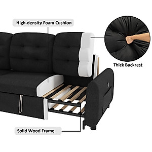 Ucloveria Sectional Sofa Couch, 87" Sleeper Sofa Bed with Reversible Storage Chaise Pull Out Couch for Living Room | Side Pocket | Charging Station | Removable Backrest | Linen Fabric, Black