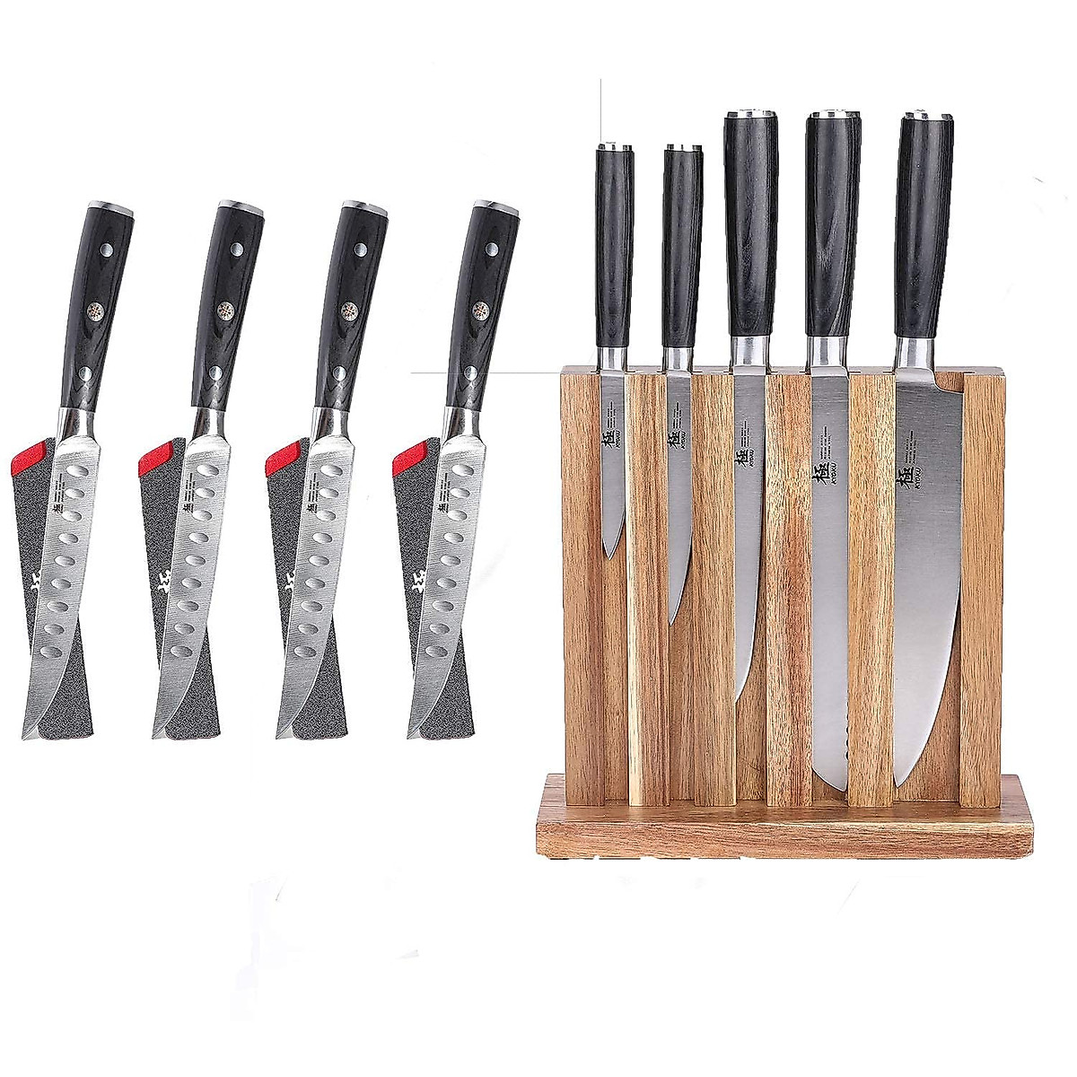 Kyoku Samurai Series 5" Steak Knives Set of 4 + 5-Knife Set with Block - Japanese High Carbon Steel