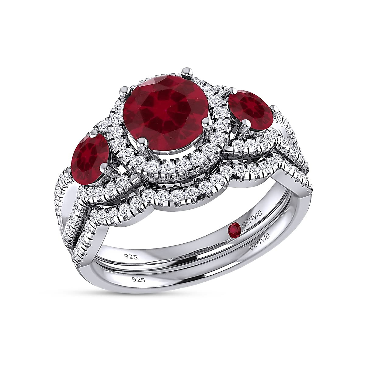 GEMVIO Collection Three Stone Ring, Round Cut Lab Created Ruby Gemstone & Natural Diamond Halo Bridal Set Engagement Ring In 14K White Gold Over Sterling Silver Wedding Band Ring-8