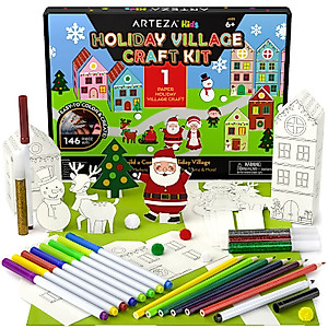 Arteza Kids Christmas Village Kit, 3D Holiday Kit Includes 20 Colorable Cut Out Cardboard Crafts, Glitter Glue, Pom Poms, Markers, Craft Supplies for Family Activities, Winter and Holiday Parties