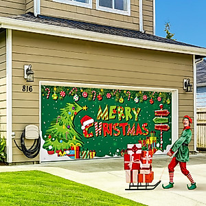Ganeen Red Green Christmas Outdoor Garage Door Banner Cover 6x13ft Large Merry Christmas Backdrop Decoration Winter Holiday Background Sign for Xmas Garage Door Wall