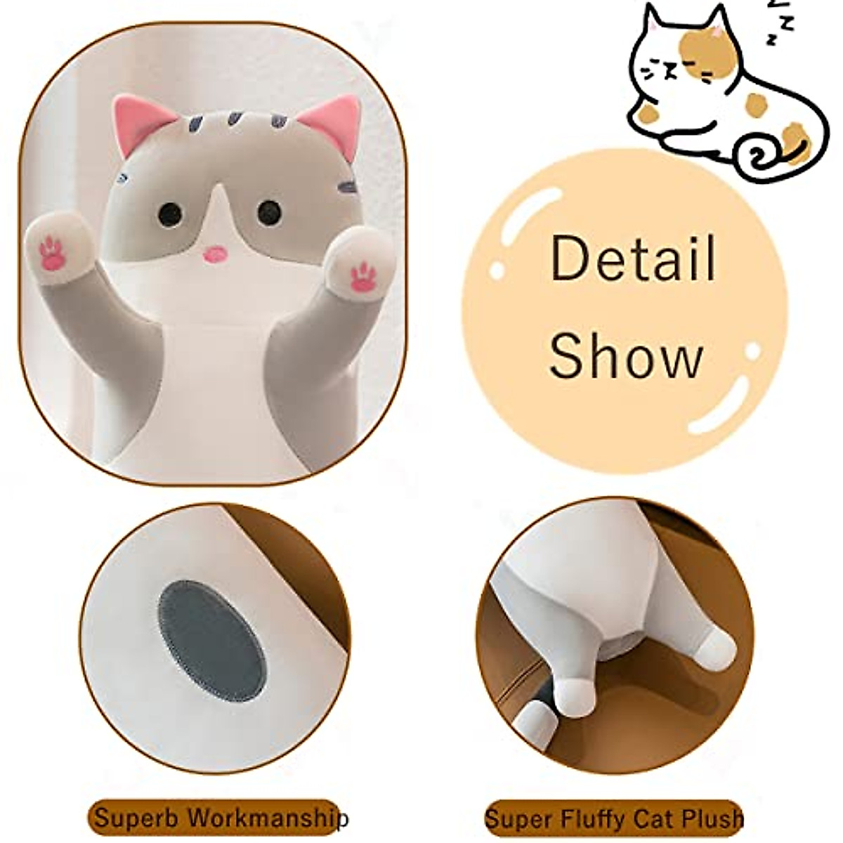 Rexinc Long Cat Plush Pillow Toy Sleeping Pillow Cute Cartoon Cat Stuffed Animals Soft Long Body Pillow Gift for Kids(19.68in,Gray)
