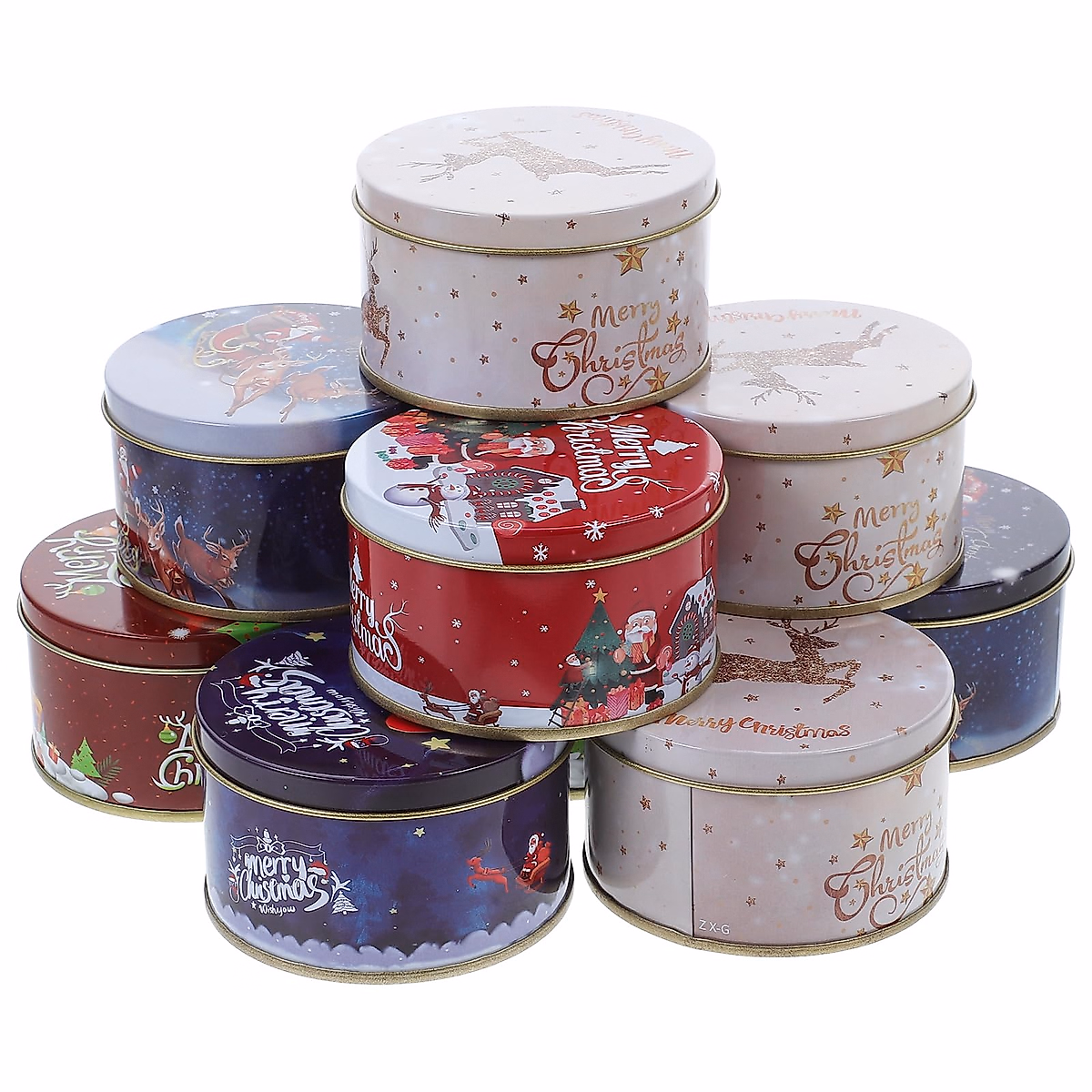 DOITOOL 12 Pcs Christmas Cookie Tin with Lids,Round Metal Cookie Box Christmas Candy Jars,Festive Cookie Containers Xmas Tin Box,Christmas Tinplate with Lids for Storing Candies Biscuits Treat