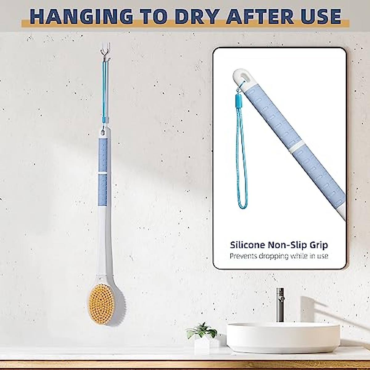 TYYIHUA 20.5" Back Bath Brush Long Handle for Shower for Elderly,Men and Women,Back Scrubbers for Use in Shower,Dual-Sided Exfoliating Dry Brush with Stiff and Soft Bristles,Shower Scrubber for Body