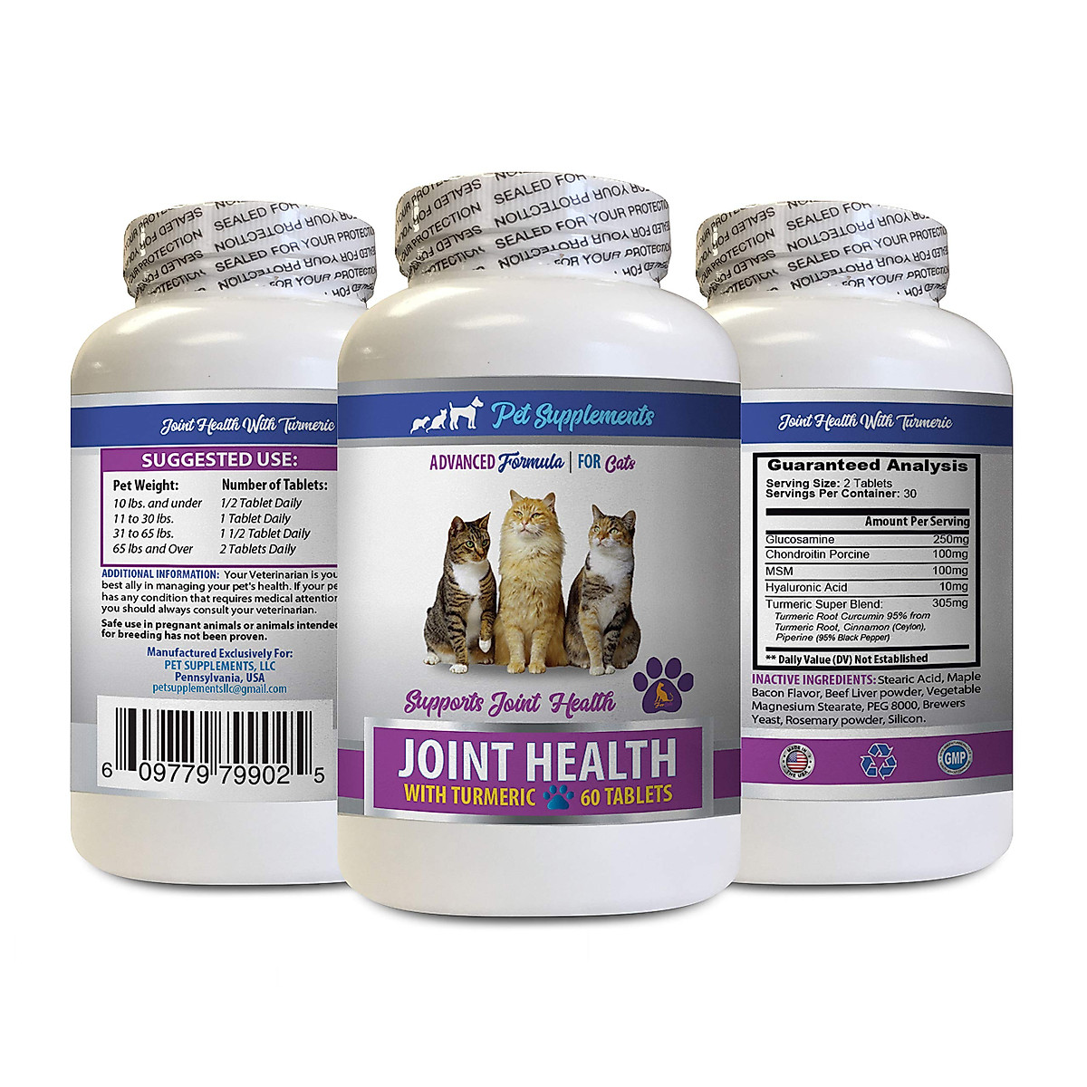 PET SUPPLEMENTS & NUTRITION LLC Joint Health for Cats - Cats Joint Health with Turmeric - MSM - Natural Support for Hip and Joints - glucosamine Monitors for Cats - 1 Bottle (60 Tablets)