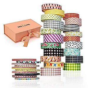 Washi Tape Set Gift Box, 30 Rolls 3 Sizes 15mm 10mm and 3mm Arts and Crafts, Decorative Masking Craft Cute Tape, Great Scrapbooking Tape Set, DIY Bullet Journal, Planner Washy Tape
