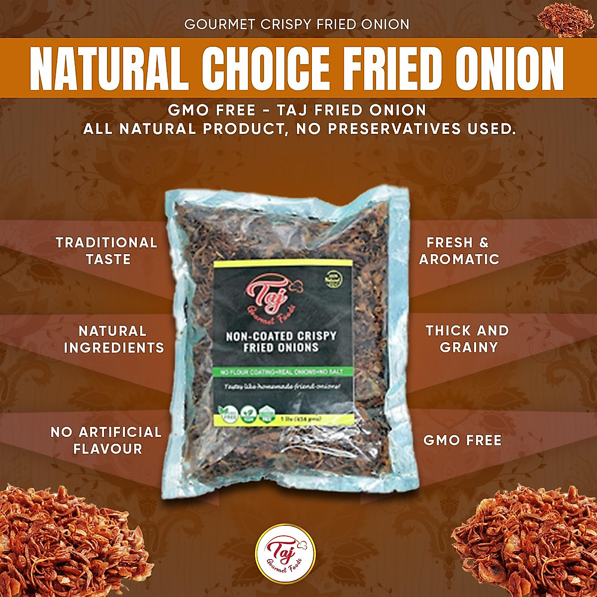 TAJ Crispy Fried Onion 100% Natural | Great for Seasoning Garnishing on Sushi, Green Bean Casseroles, etc. (Non-Coated, 908g (2lbs))