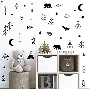 Woodland Animal Wall Decals Camping Wall Stickers Black Tree Animal and Mountain Wall Stickers Forest Animal Wall Decals for Kids Bedrooms Woodland Nursery Decor