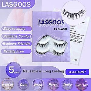 LASGOOS Fake Eyelashes Natural Look False Eye Lashes Daily Strip Cross Clear Band 5-7mm Cross Cute Lashes Invisible band Lash for Wedding Daily Work Eye Makeup 5 Pairs W7
