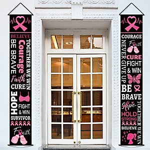 Pink Ribbon Party Decorations Breast Cancer Awareness Banner Porch Sign Hope Strength Courage Faith Black and Pink Door Banner Party Supplies for Pink Ribbon Breast Cancer Charity Theme Party Favors