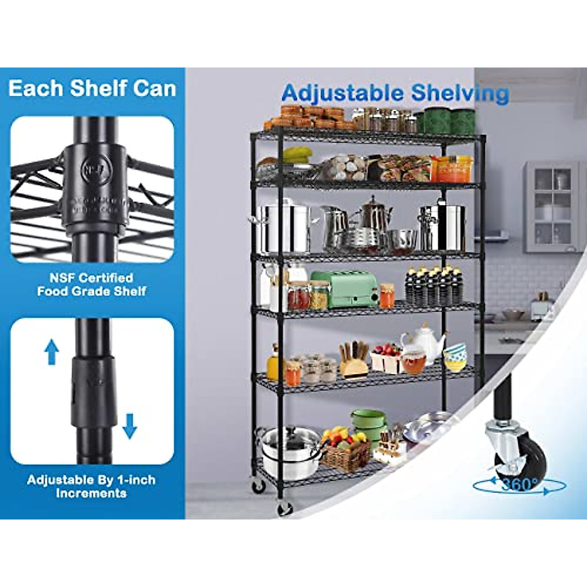 BIQWBIC 6 Tier Storage Shelves Wire Shelving Unit, 48" Lx18 Wx72 H Adjustable Heavy Duty Metal Shelving Rack with Wheels, NSF Adjustable Storage Shelf Garage Shelves-1320 Lbs Capacity, Black