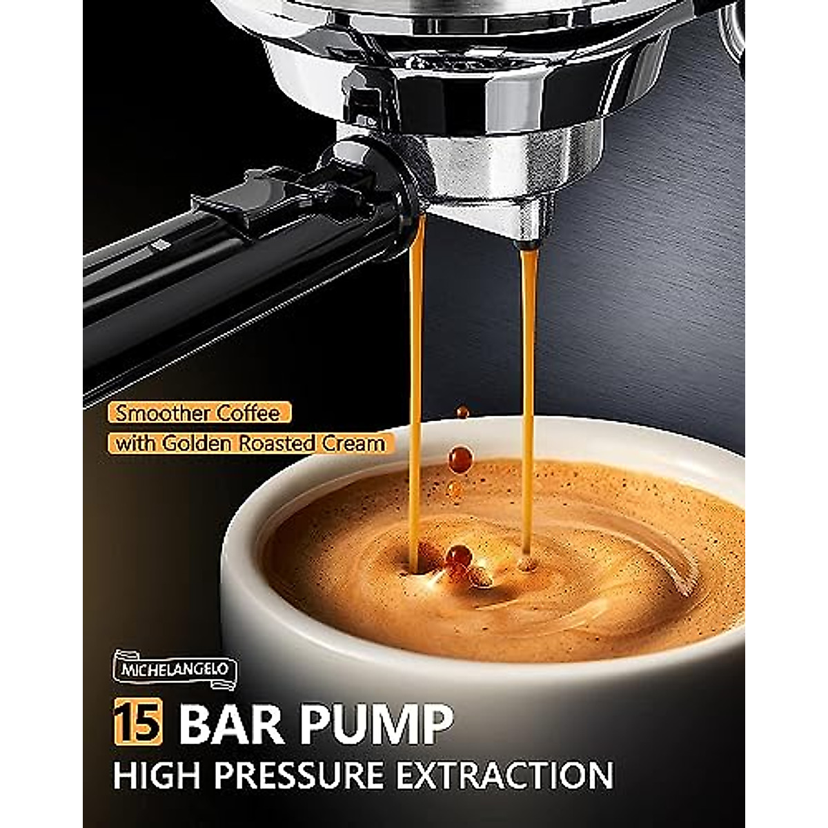 MICHELANGELO 15 Bar Espresso Machine with Milk Frother, Expresso Coffee Machines, Stainless Steel Espresso Maker for Cappuccino and Latte, Small Coffee Maker with Frother - Compact Design for Home
