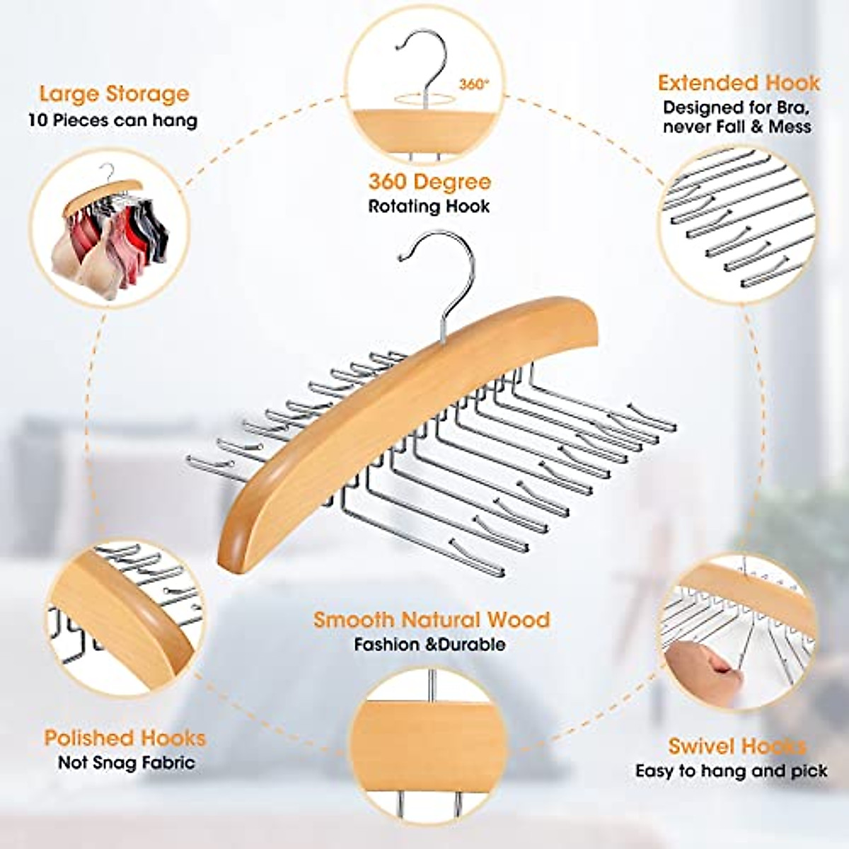 Bra Hanger, Tenyond Tank Tops Hangers Natural Wood Bra Holder Hanger Space Saving Closet Organizer and Storage Rack for Bras, Tank Tops, Camisoles-2 Pack