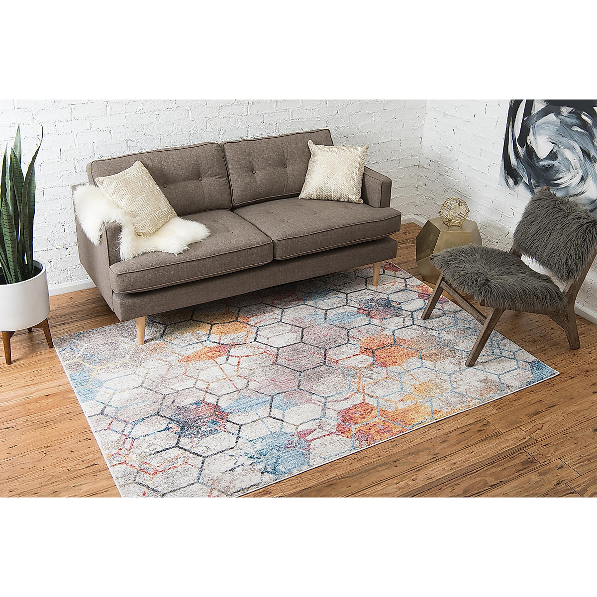 Unique Loom Rainbow Collection Geometric Abstract Trellis Modern Watercolor White Area Rug (7' 0 x 10' 0)