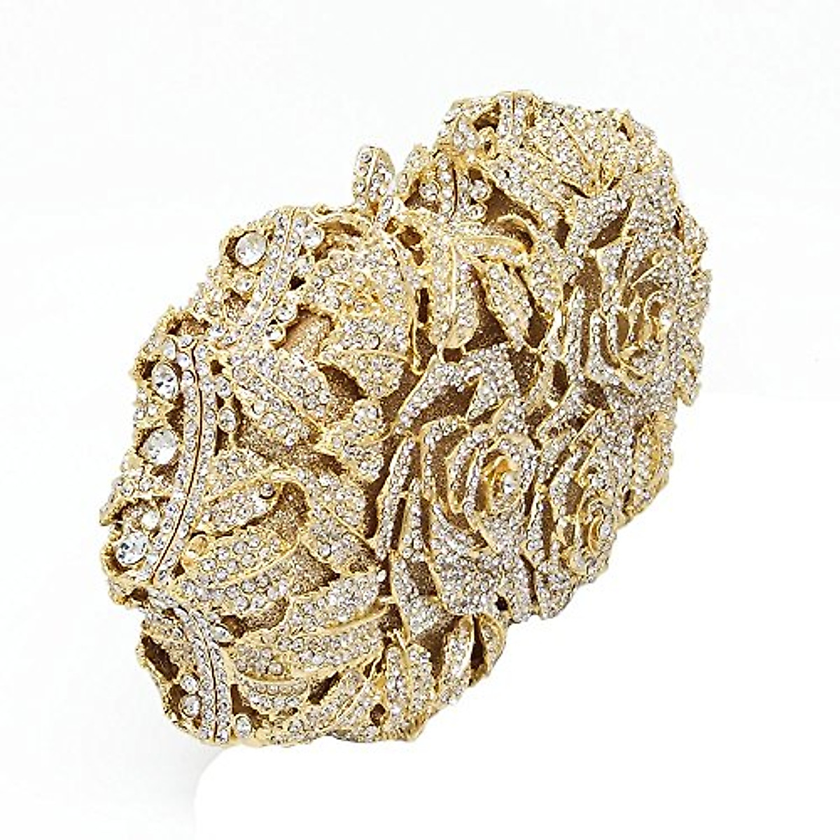 Dazzling Women Gold Rose Flower Hollow Out Crystal Evening Metal Clutches Small Minaudiere Handbag Purse Wedding Box Clutch Bag (D)