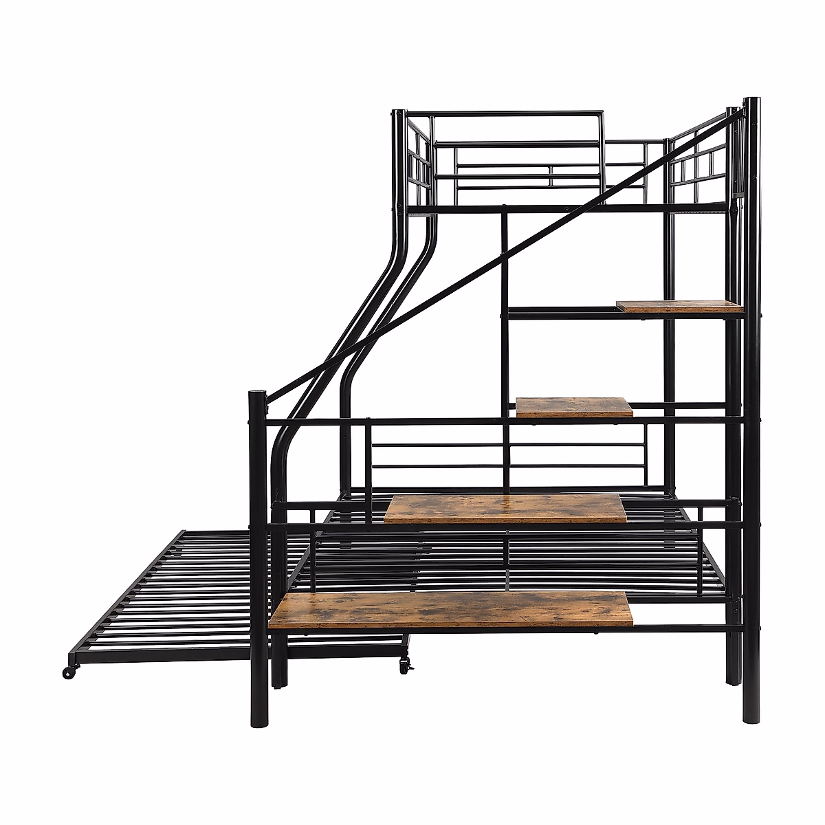 Jintop Twin Over Full Size Metal Bunk Bed with Trundle and Storage Staircase,Bedroom Heavy Duty Bed Frame W/Full-Length Guardrail,Save Space,for Kid Boy Girl Adult,Black