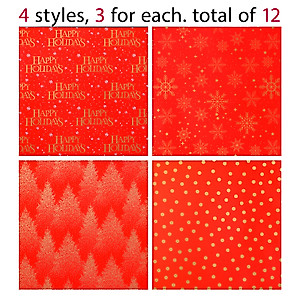 LeZakaa Christmas Gift Wrapping Paper - 12 Folded Sheet with 4 Different Christmas Design in Red (Snowflake, Tree, Dot, Happy Holiday Lettering)- 27.5 x 19.6 inches Per Sheet