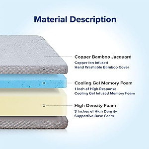 Olee Sleep Tri-Folding Antibacterial Memory Foam Mattress Topper, 4 Inch Copper Bamboo Gel Folding Mattress, Washable Cover, CertiPUR-US Certified, Soft, Grey, Single Size