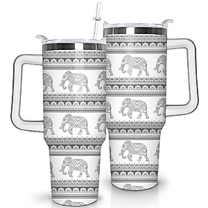 40 oz Elephant Tumbler with Handle and Straw, Gray Mandala Floral Stainless Steel Vacuum Insulated Travel Coffee Mug Cup Water Bottle, Grey Elephant Stuff Accessories Decor Gifts for Women Girls