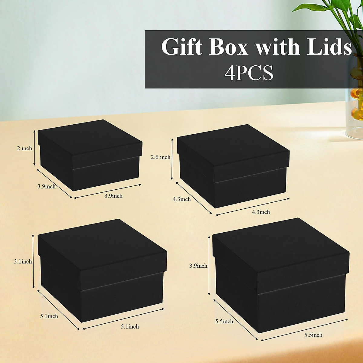 Shindel 4PCS Black Gift Boxes, Nesting Gift Boxes with Lids, Stackable Gift Boxes Square Gift Boxes, 4 Assorted Gift Boxes Different Sizes With Ribbon For Birthday Christmas Halloween