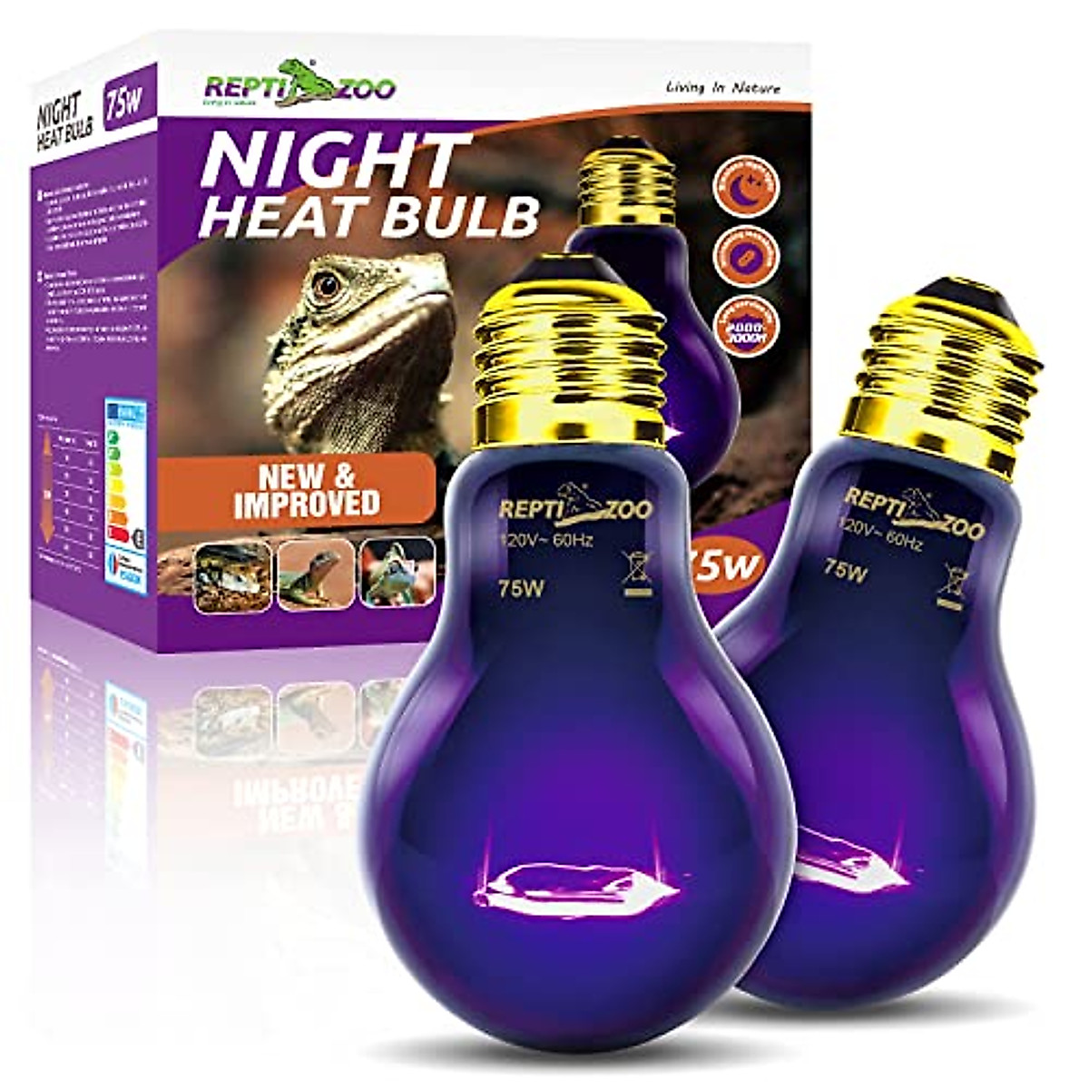 REPTI ZOO 2 Pack Reptile Heat Lamp, 75W Infrared Heat Lamp Simulate Natural Moonlight, Purple Reptile Night Heat Bulb Heat Emitter for Reptile Pets Heating Night Use