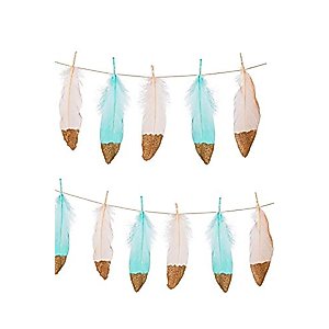 Hapy Shop Feather Garland Pale Pink and Blue Feather Banner,Gold Glitter for Party Decorations,Wedding,Boho Chic,10 feet
