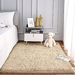 Wellber Modern Soft Shag Rugs, 3x5 Feet Beige Fluffy Home Decorative Carpets for Bedroom, Rectangle Durable Fuzzy Area Rug for Living Room Dorm Nursery, Plush Floor Shaggy Fur Throw Rug