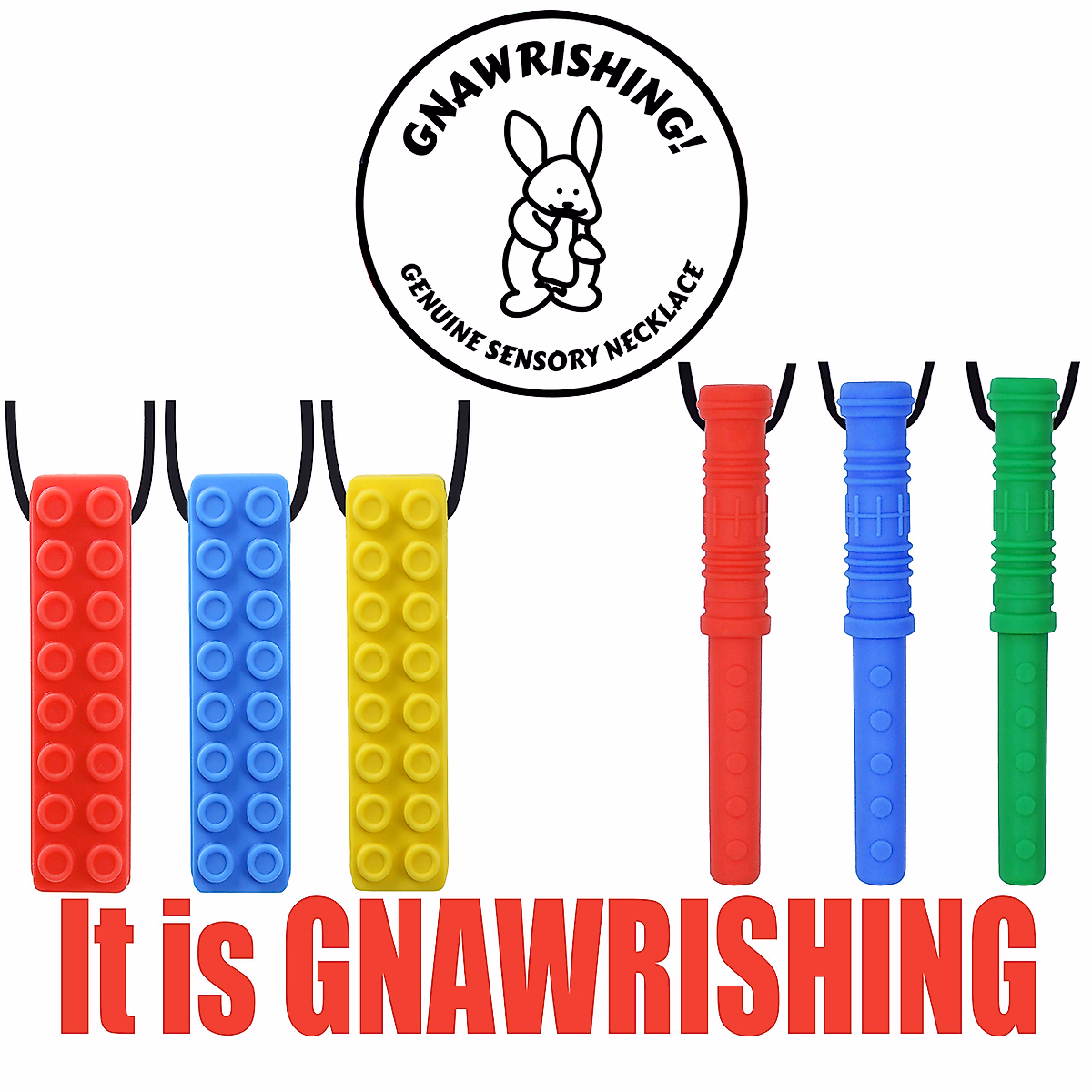 GNAWRISHING Chew Necklace 6-Pieces Perfect for Autistic, ADHD, SPD, Oral Motor Children, Kids, Boys, and Girls (Tough, Long-Lasting)