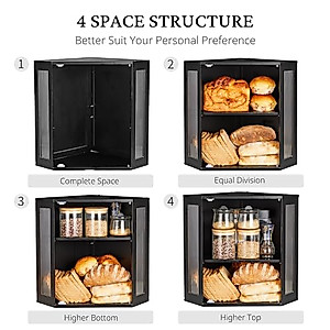 BRONYPRO Double Layer Corner Bread Box for Kitchen Counter with Height-adjustable Partition, Large Black Bamboo Wooden Bread Box for Multiple Loaves, Modern Breadbox for Kitchen Countertop