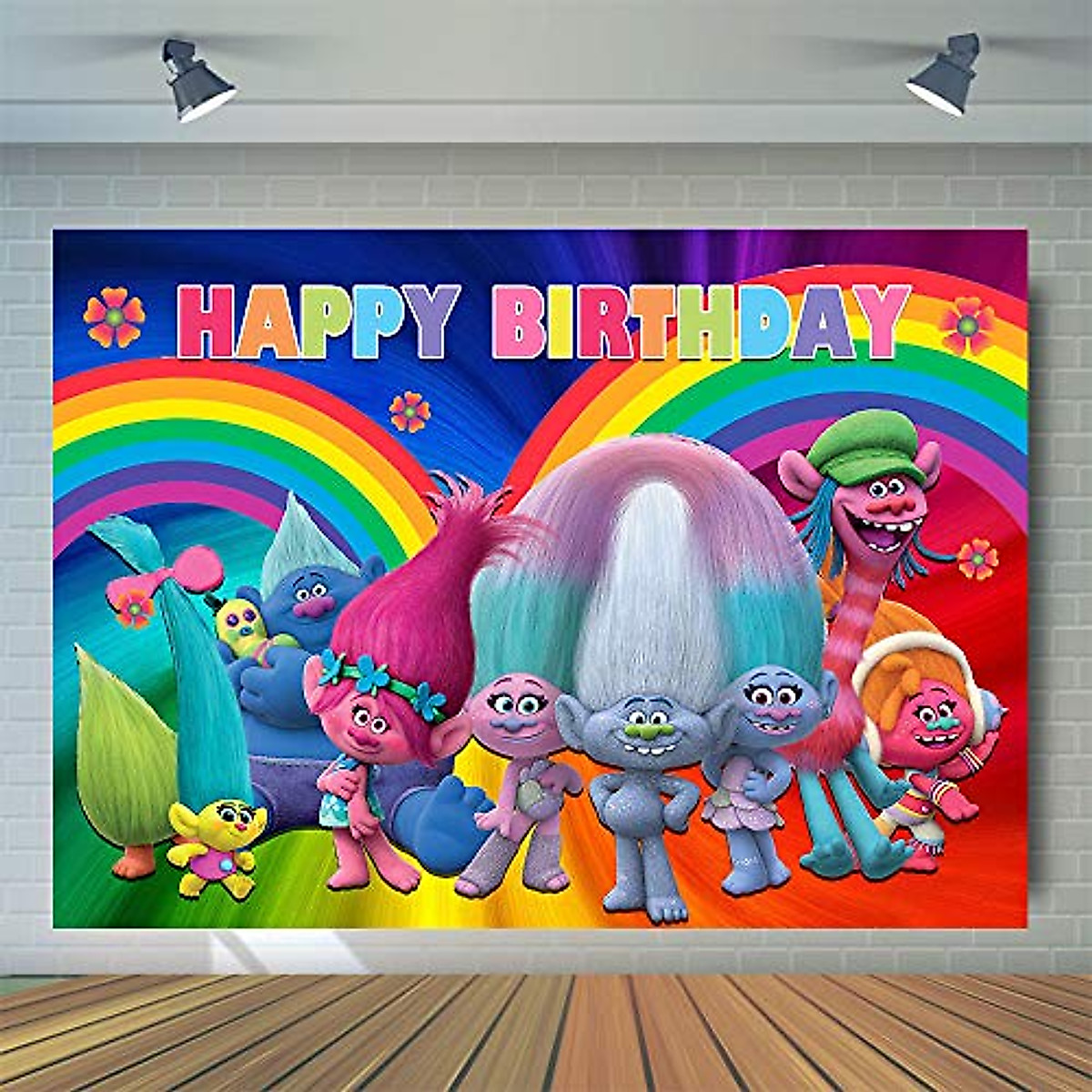 5x3ft Cartoon Animation Movies Trolls Poppy Photo Background Happy Birthday Party Photography Backdrops Baby Shower Cake Table Colorful Decor Banner Booth Studio Props